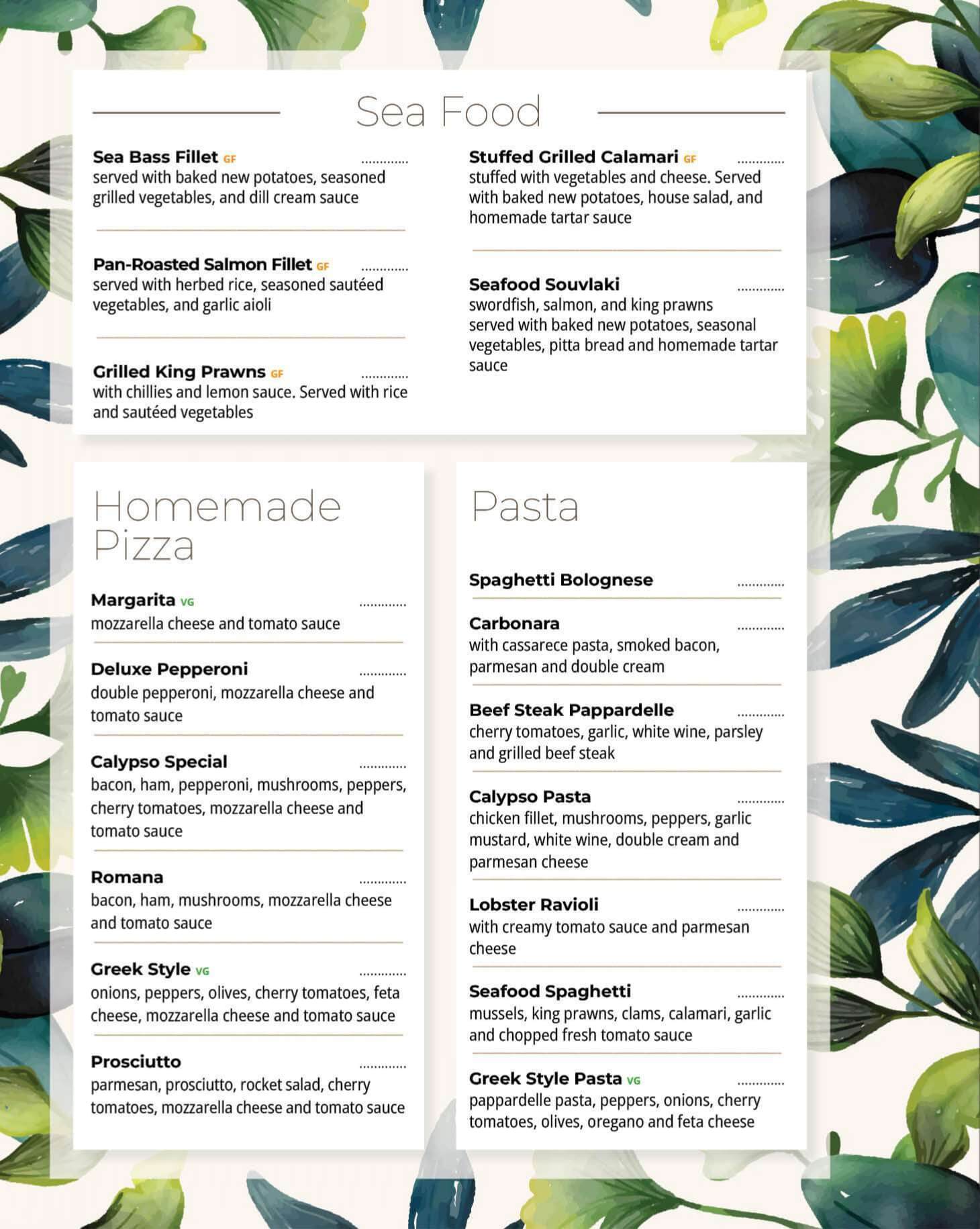 Our Menu | Calypso Restaurant Tsilivi | Tsilivi Restaurant